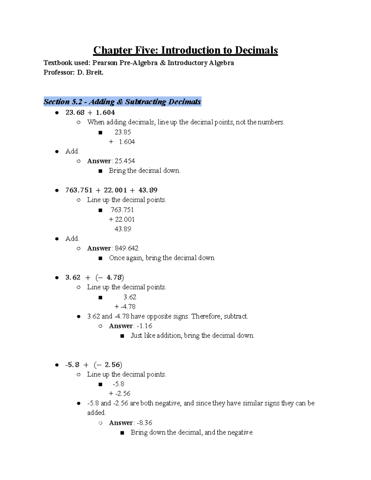 Chapter Five Introduction to Decimals (Sec 5.2 - Adding and Subtracting ...