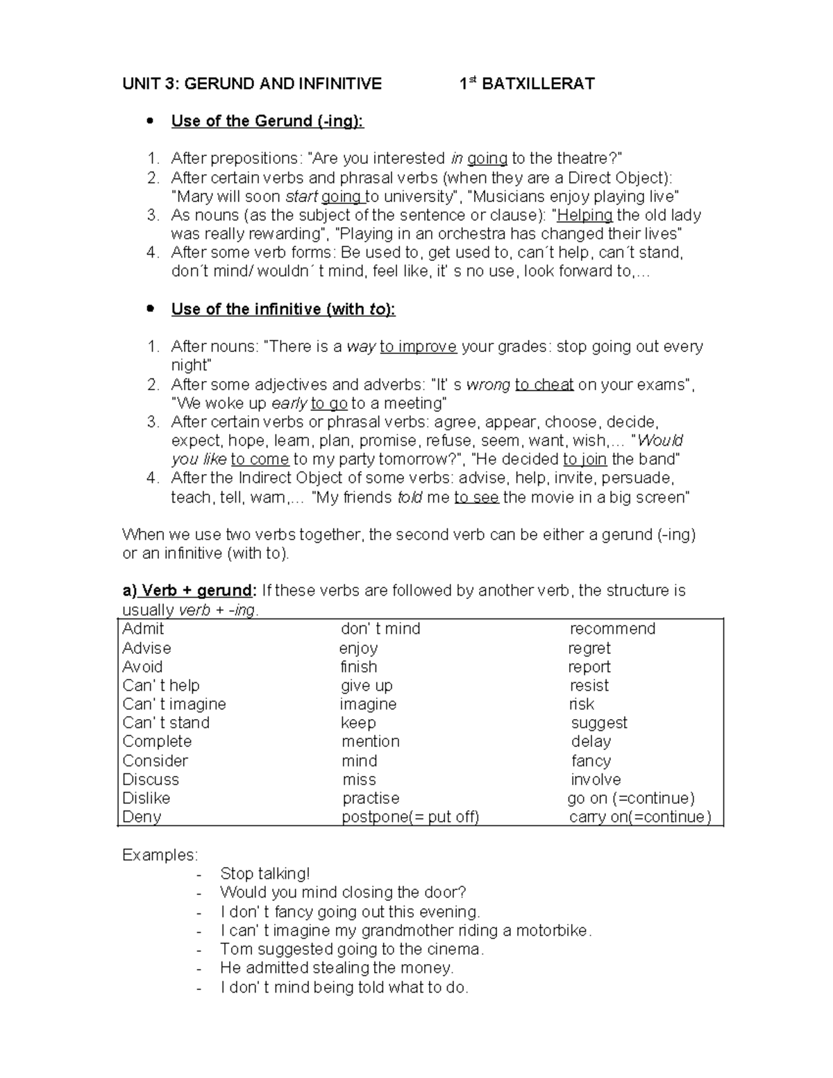 Grammar Gerund AND Infinitive - UNIT 3: GERUND AND INFINITIVE 1 st ...