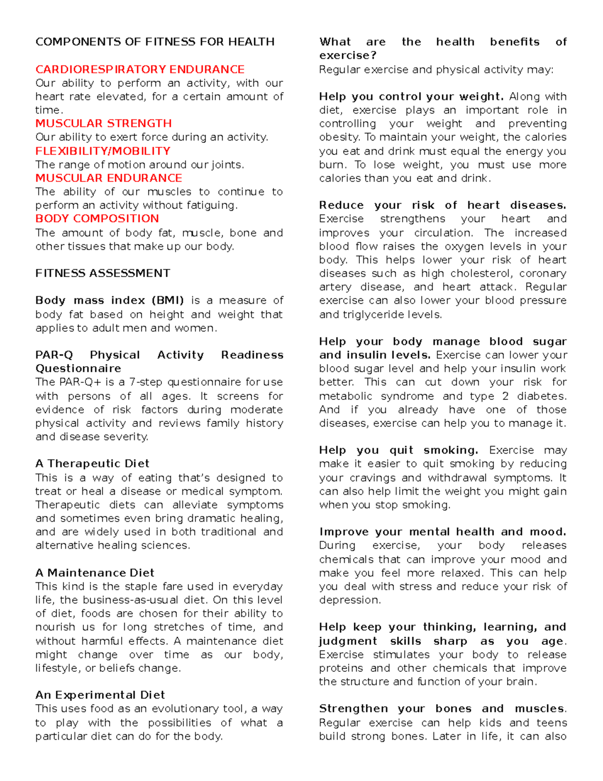 PE - path101 - COMPONENTS OF FITNESS FOR HEALTH CARDIORESPIRATORY ...