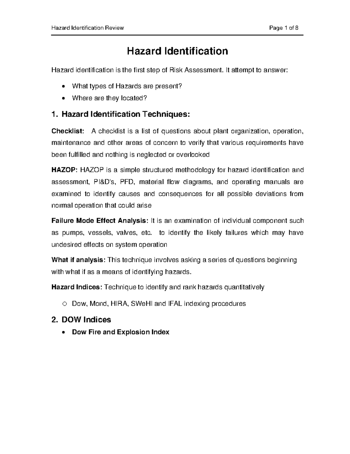 Week 2 Hazard identification review - Hazard Identification Hazard ...