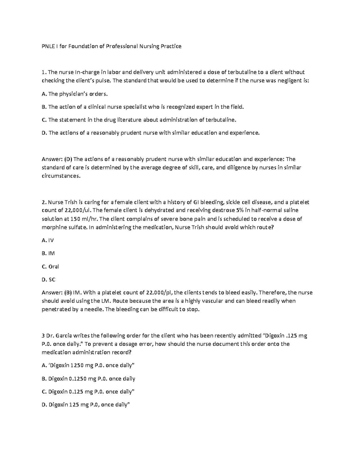 PNLE1 - pnle 1 nursing review. - PNLE I for Foundation of Professional ...