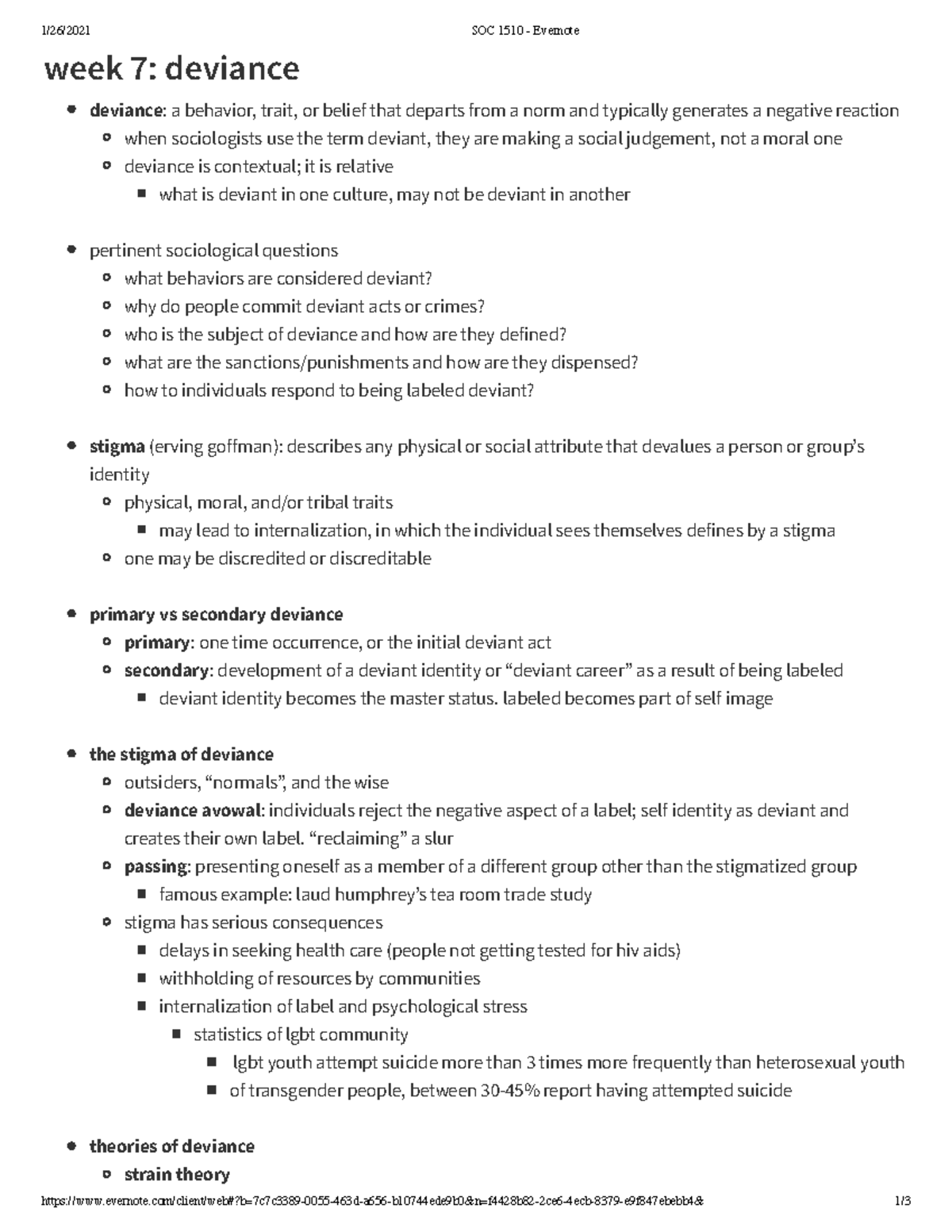Week 7 - Lecture notes 7 - 1/26/2021 SOC 1510 - Evernote - Studocu
