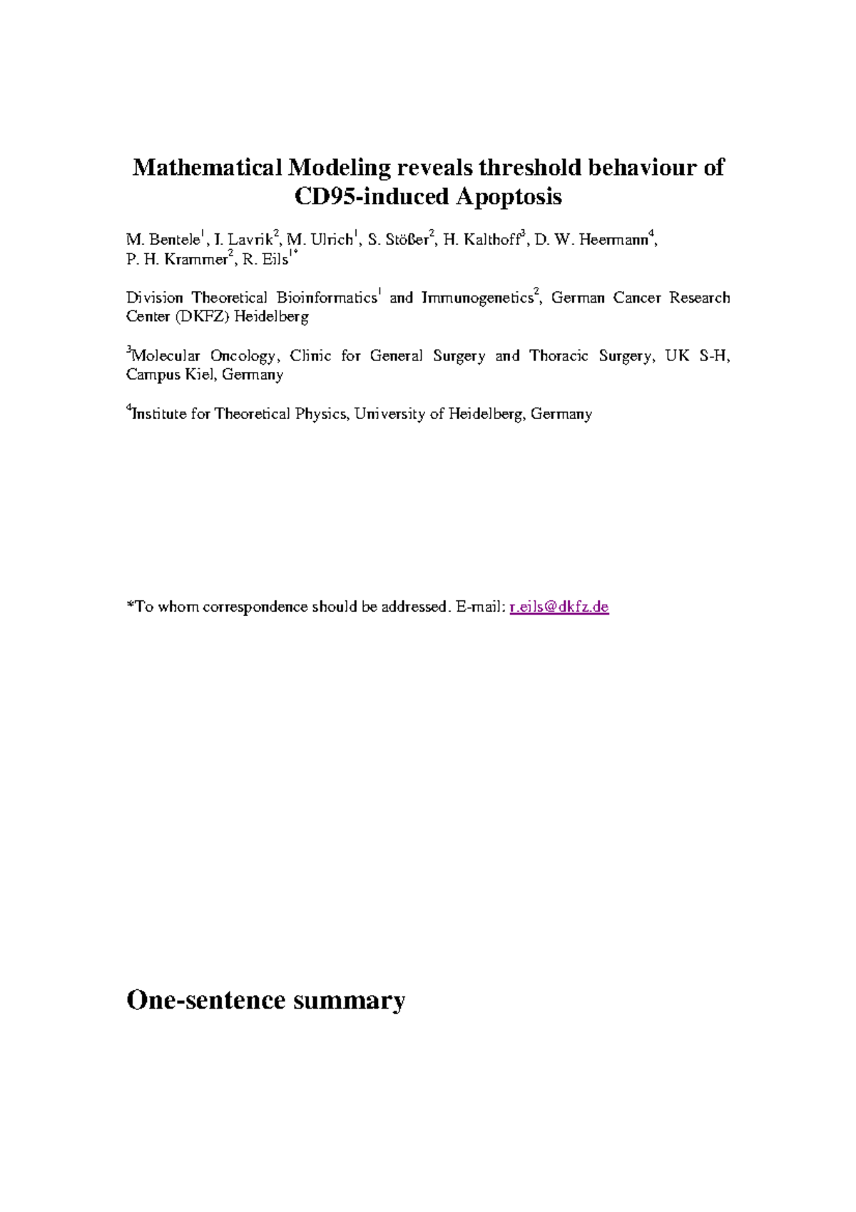 Mathematical Modeling reveals threshold behaviour of CD95-induced Apoptosis M. Bentele, I ...