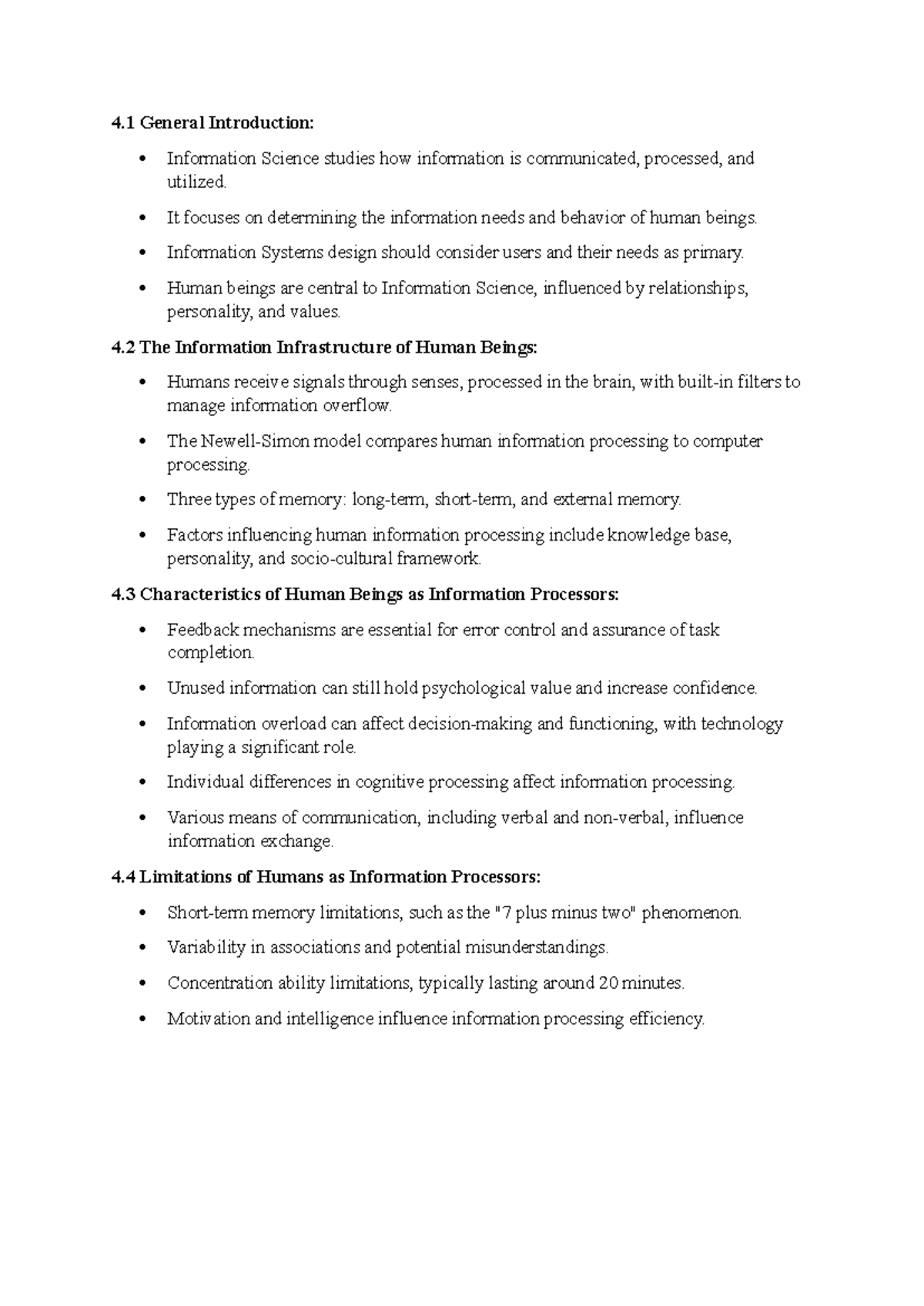 Study UNIT 4 Human Beings AND Information - 4 General Introduction: Information Science studies ...