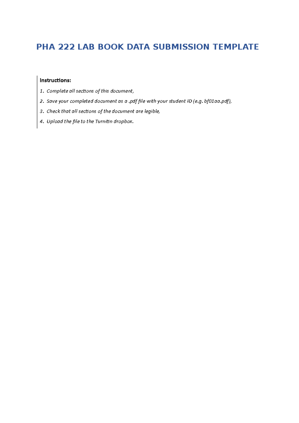 PHA 222 LAB BOOK DATA Submission Template - PHA222 - Sunderland - Studocu