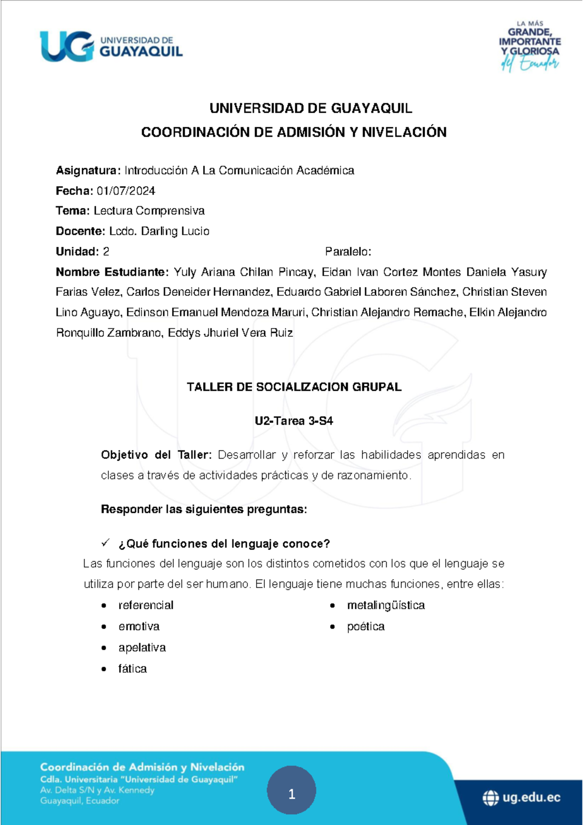 U2-Tarea 3-S4 Grupal - 1 UNIVERSIDAD DE GUAYAQUIL COORDINACIÓN DE ADMISIÓN Y NIVELACIÓN ...