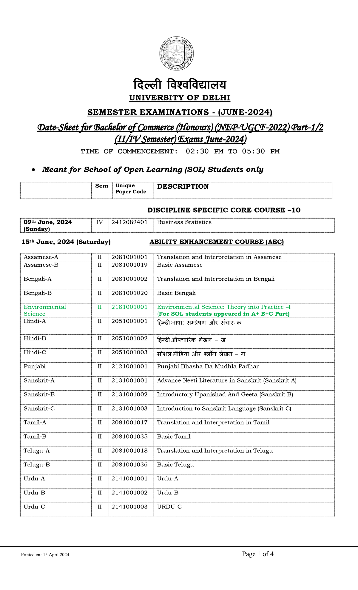 2024-04-15-NEP-B.Com (Hons) SOL - fnYyh fo’ofo|ky; UNIVERSITY OF DELHI ...