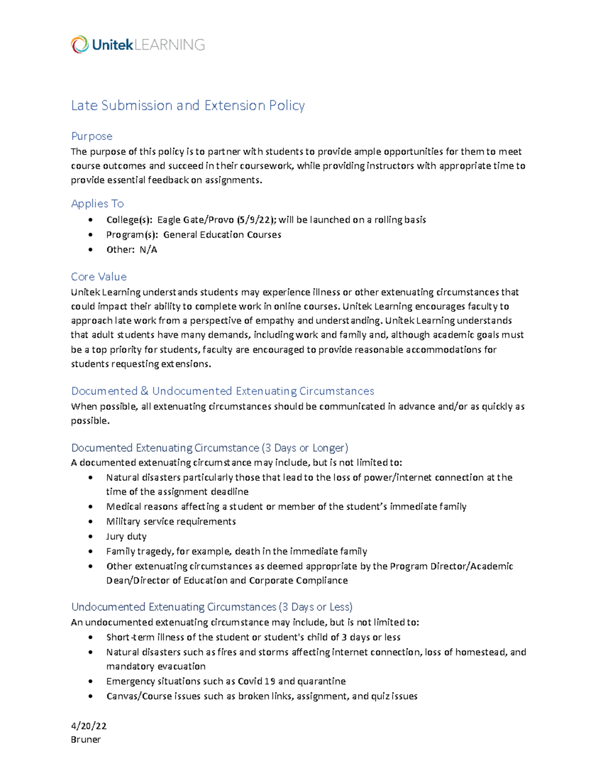 Late Submission and Extension Policy - 4/20/ Bruner Late Submission and ...