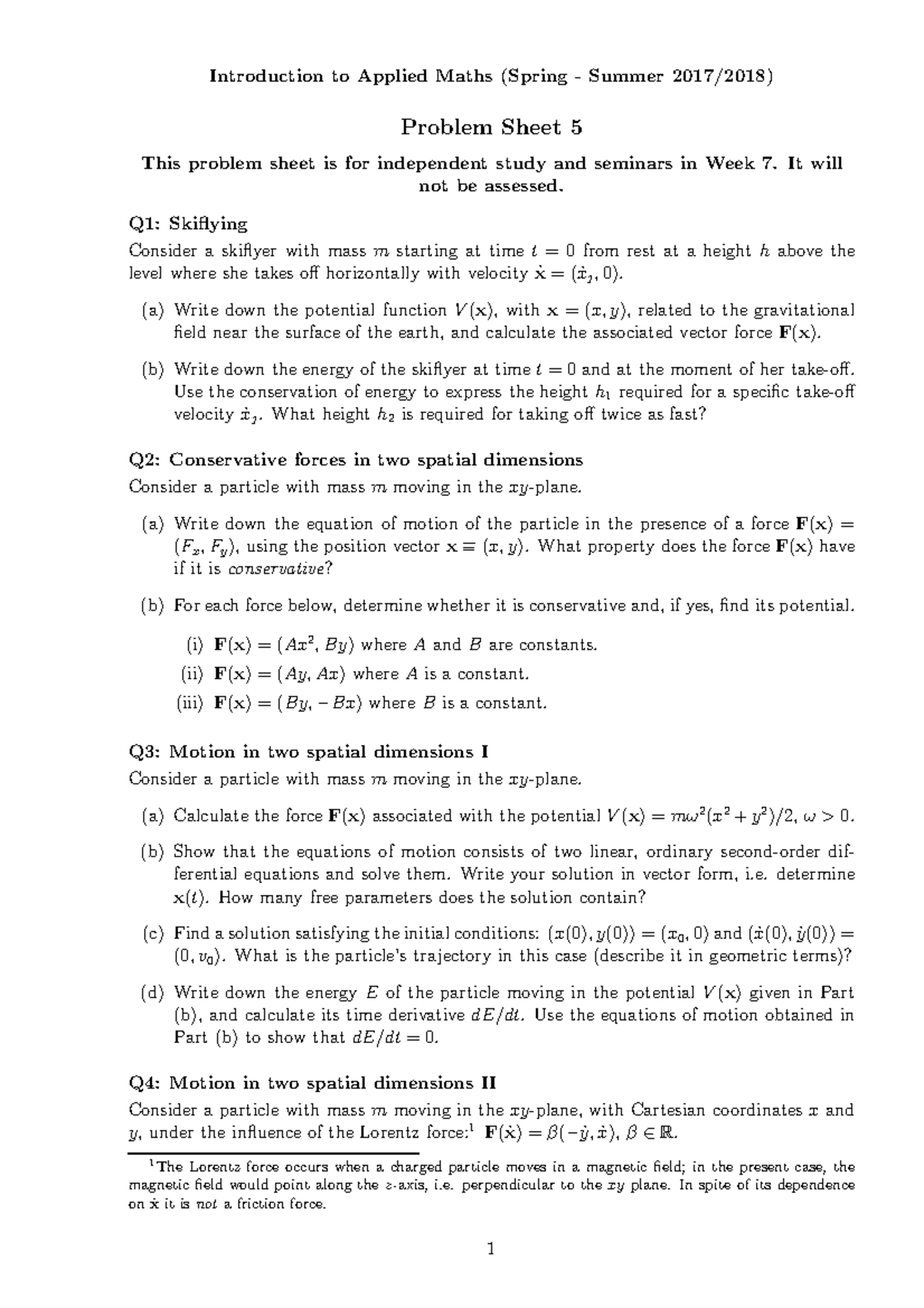 2018 IAM Problem Sheet 5 - Introduction to Applied Maths (Spring ...