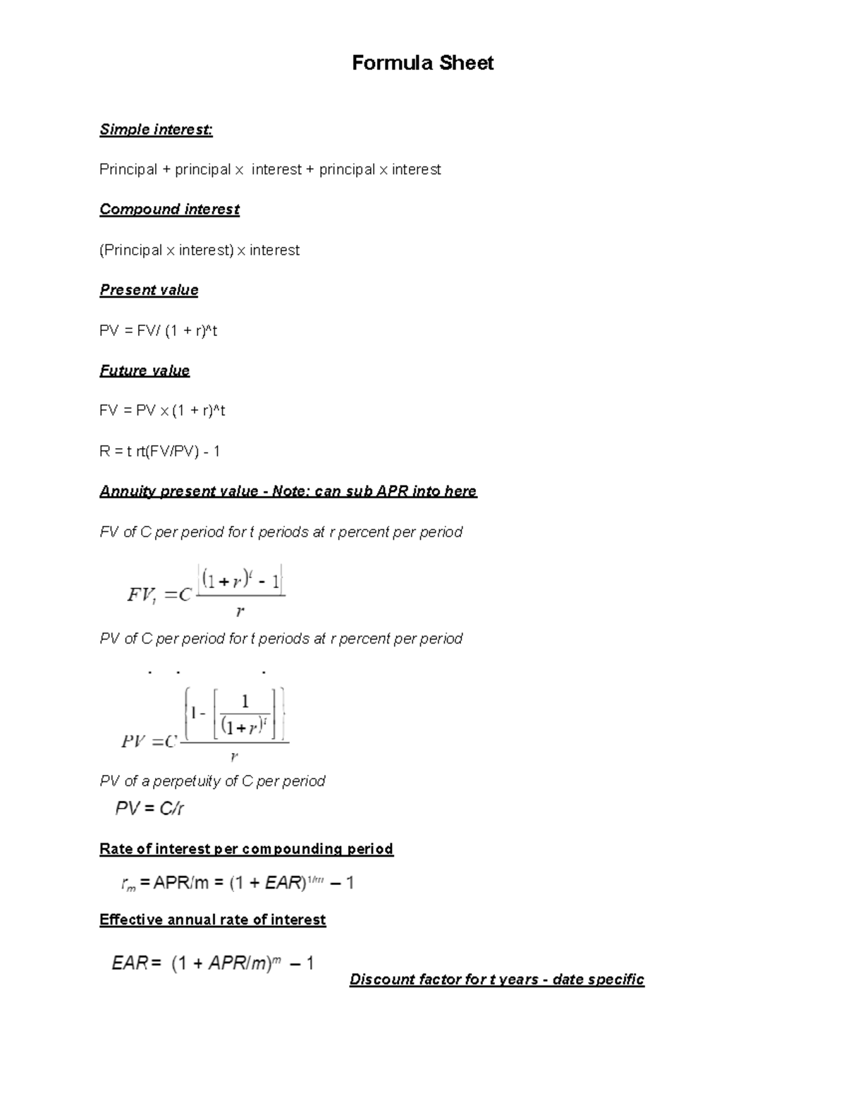 ADM 3351 - Formula Sheet final and midterm - Simple interest: Principal ...
