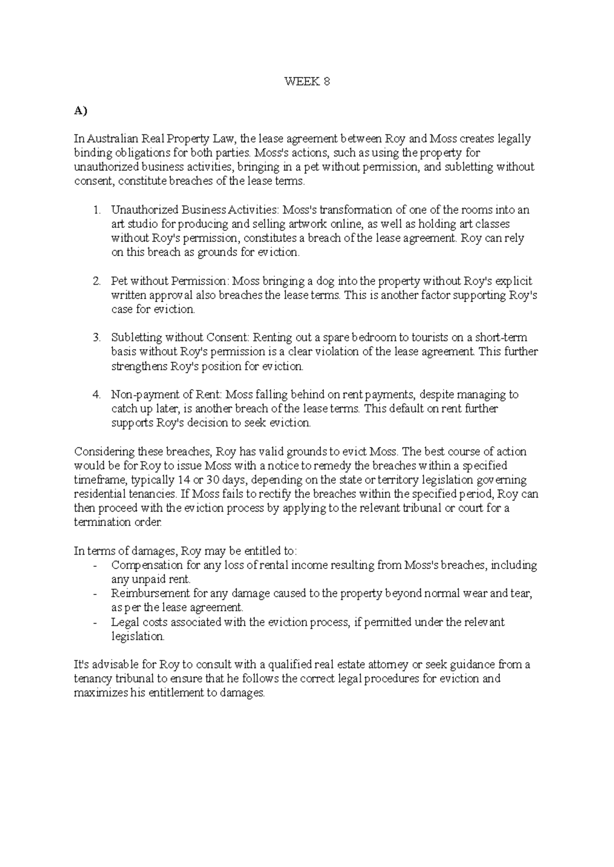 WEEK 8 - weekly questions answers for tutorial preparation marks - WEEK 8 A) In Australian Real ...