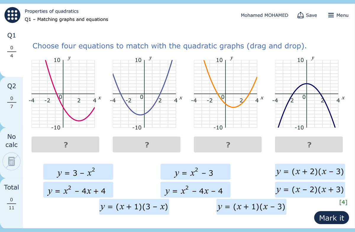 My Maths Homework - Properties of quadratics - ; Choose four equations ...