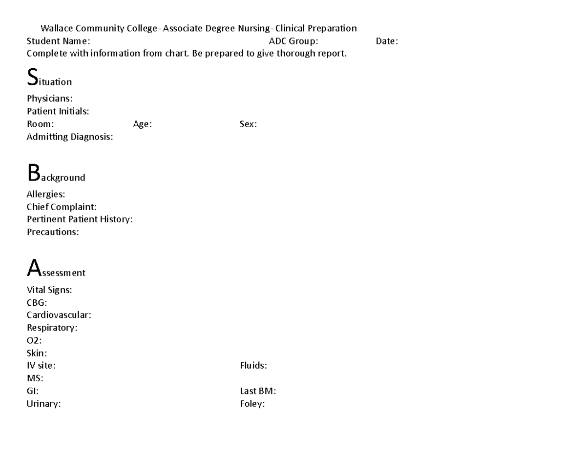SBAR- Concept Map -type in - Student Name: ADC Group: Date: Complete ...