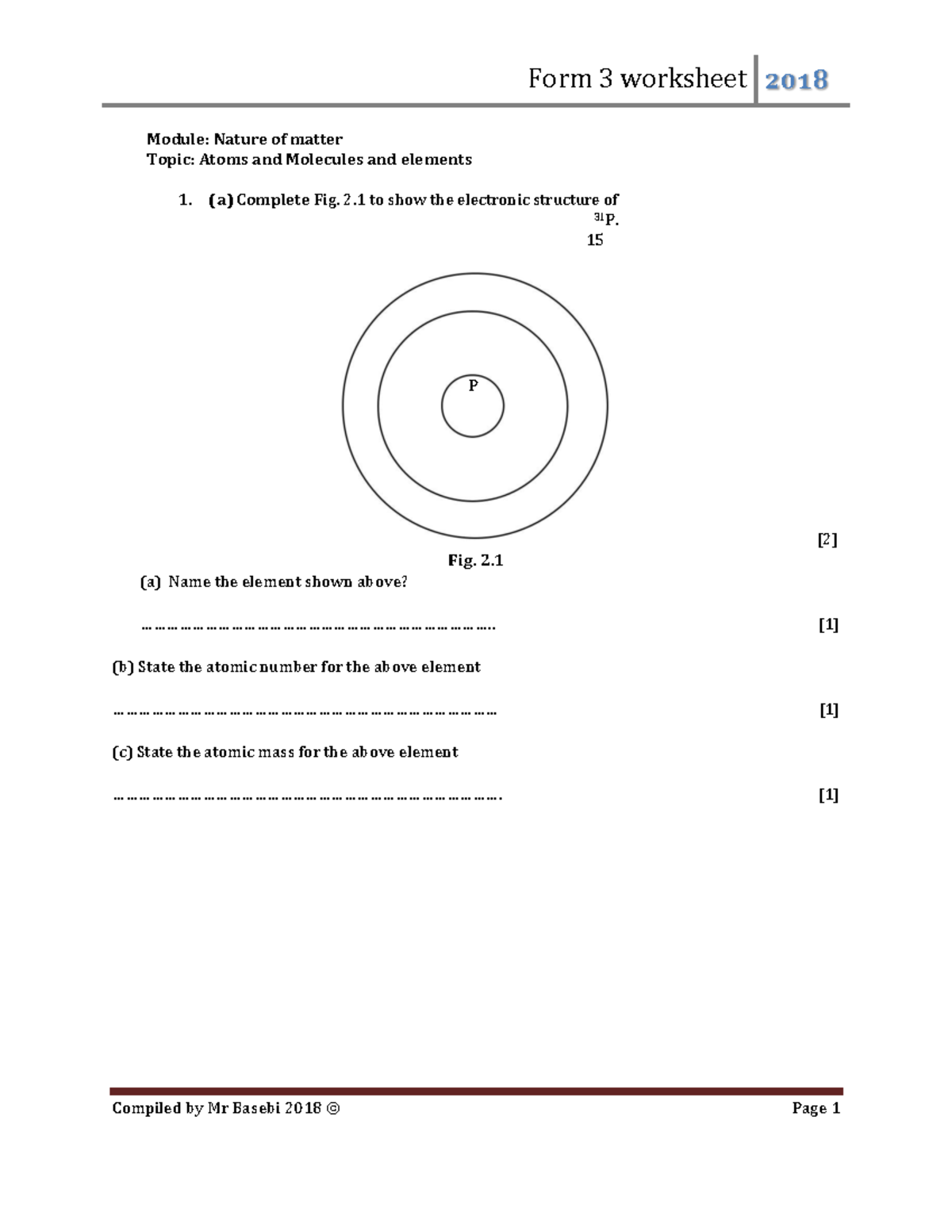 Form 3 science exercises - Module: Nature of matter Topic: Atoms and ...