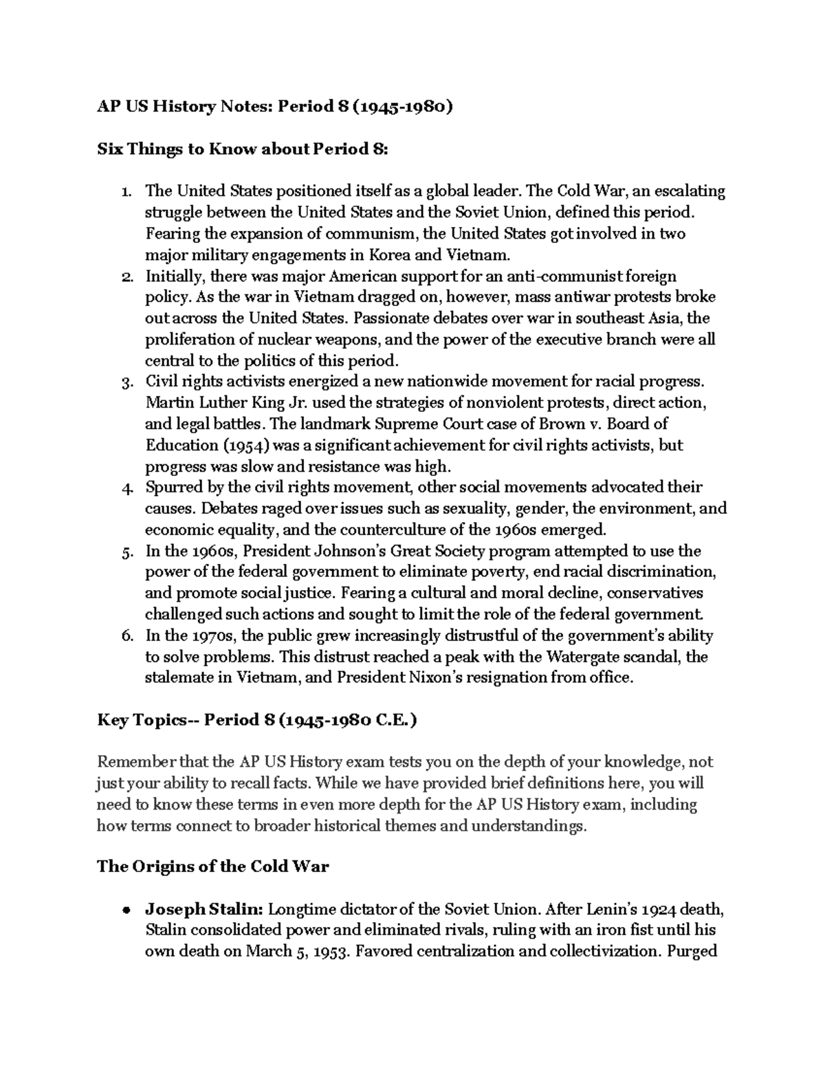 Amsco notes 1954-1980 - AP US History Notes: Period 8 (1945-1980) Six ...