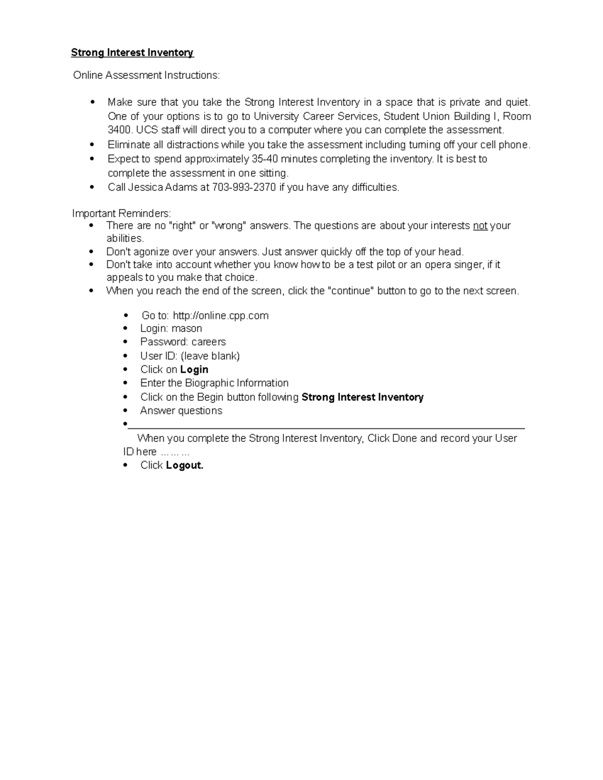 Instructions for students taking Strong Interest Inventory - Strong ...