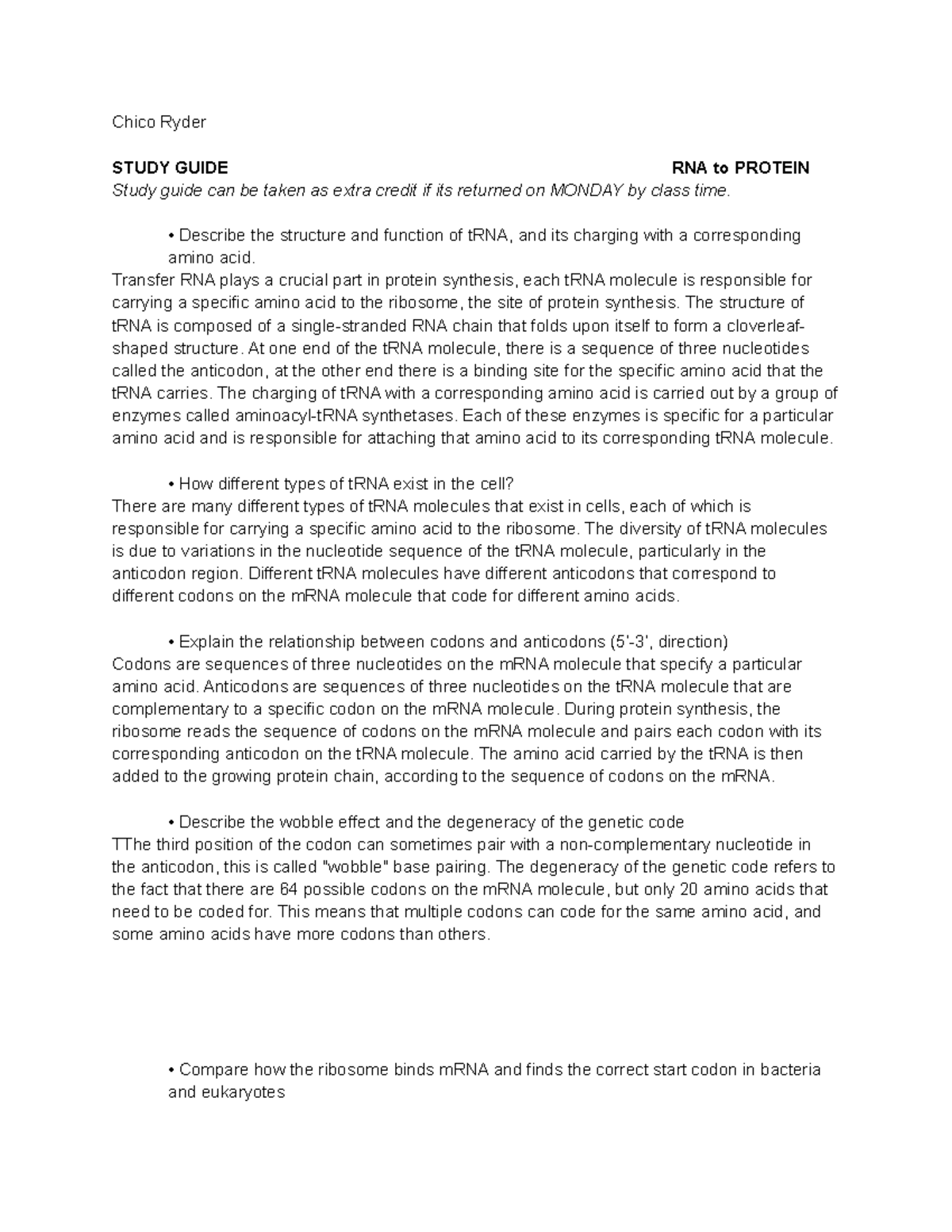 Exam study guide - Chico Ryder STUDY GUIDE RNA to PROTEIN Study guide ...