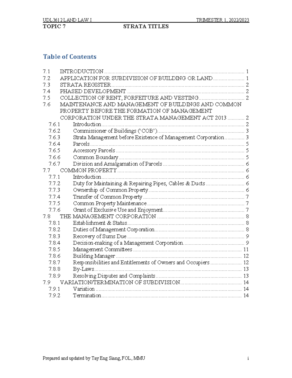 TRI 2210 UDL3612 Topic 7 STD VER - TOPIC 7 STRATA TITLES Prepared and ...