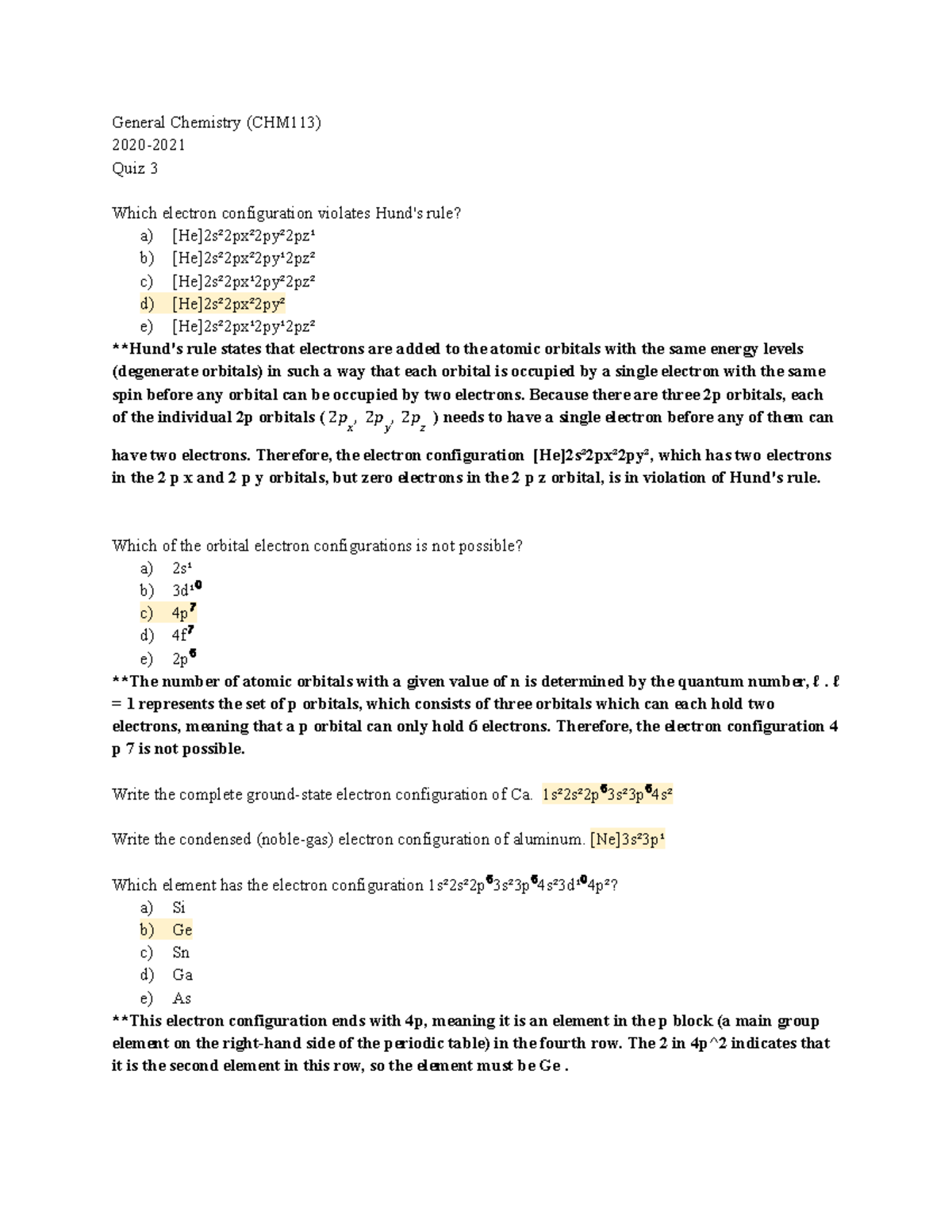 CHEM - Quiz 3 - Part 1 - Exam questions - General Chemistry (CHM113 ...