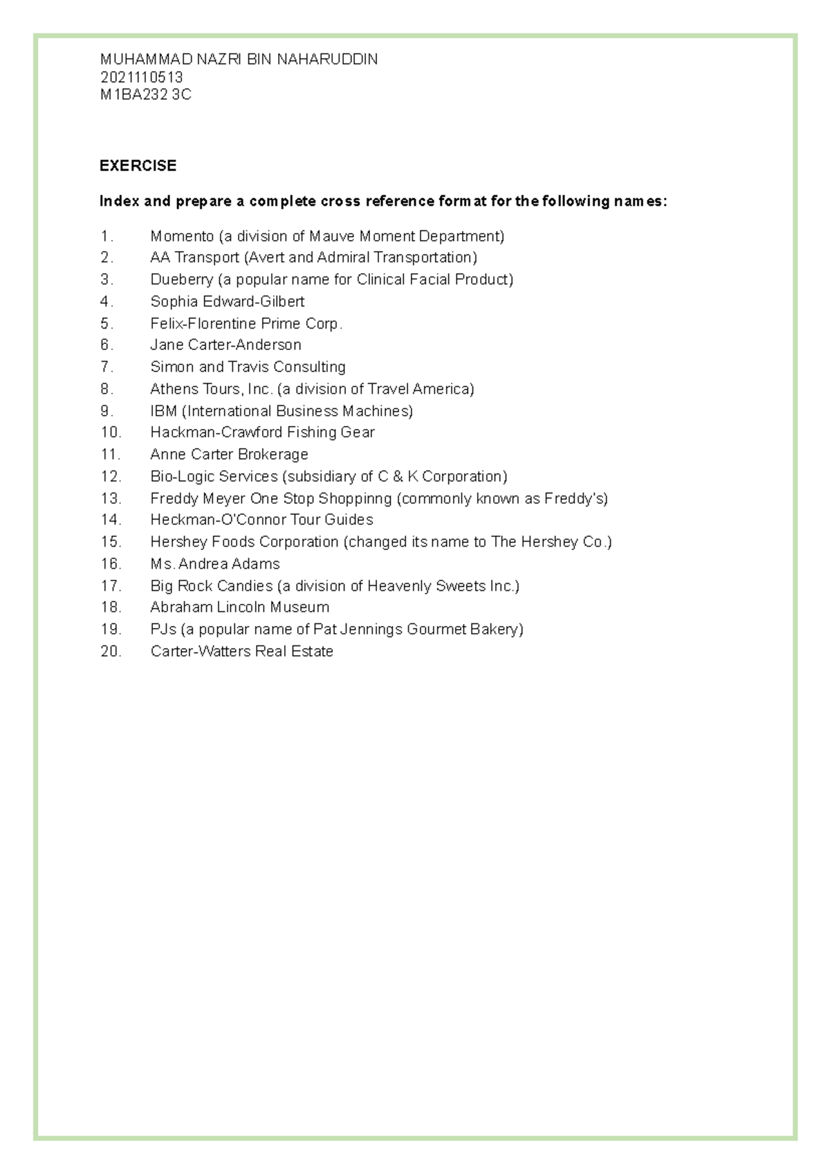 Cross Reference - 2021110513 M1BA232 3C EXERCISE Index and prepare a ...