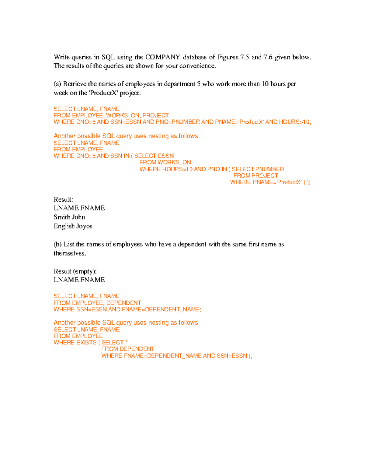 Questions And Solns Sql For Class Write Queries In Sql Using The Company Database Of Figures 7