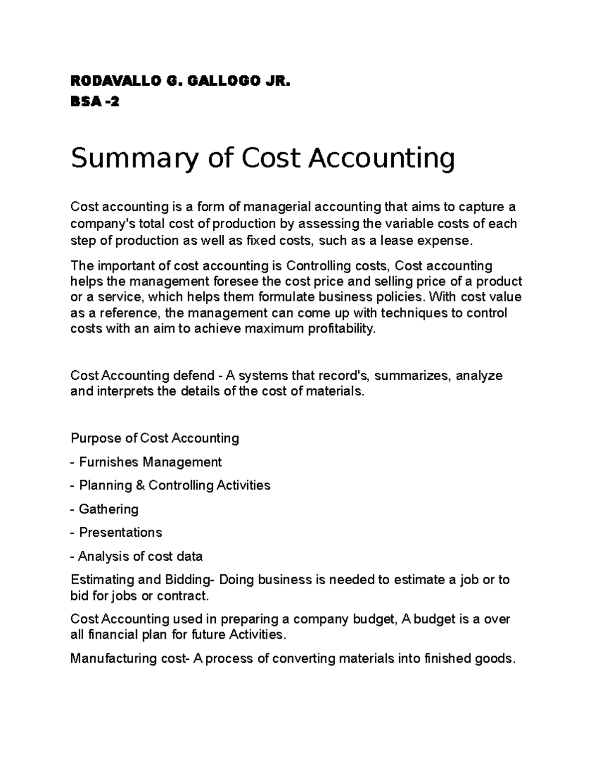 Summary OF COST Accounting - RODAVALLO G. GALLOGO JR. BSA - 2 Summary ...