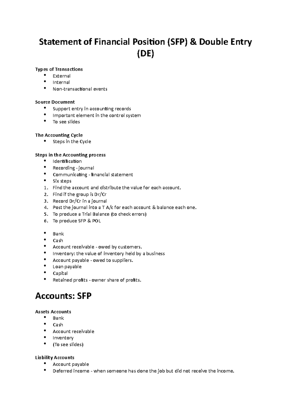 Statement of Financial Position (SFP) and Double Entry (DE) - Statement ...