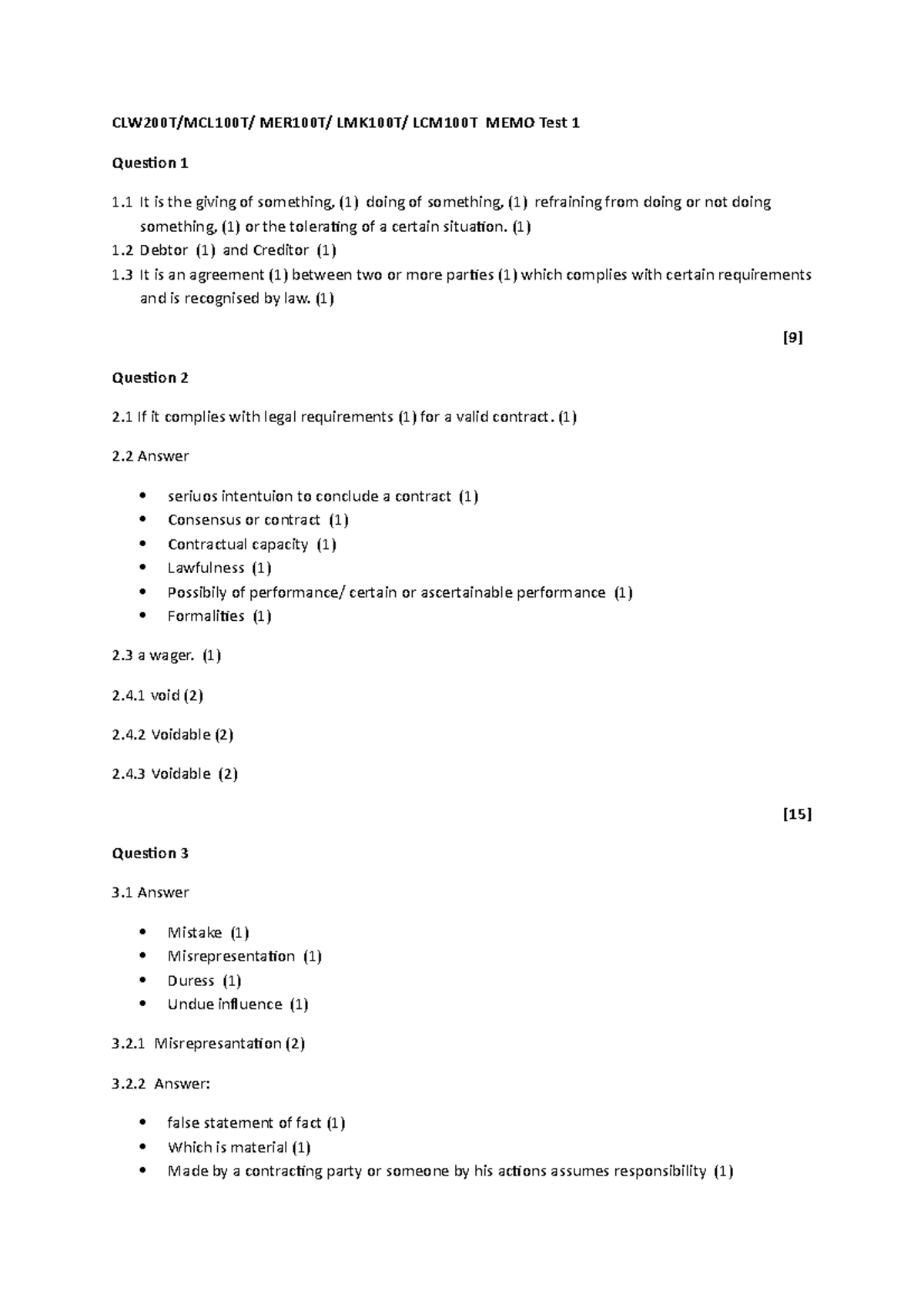 Test 1 2018, questions and answers - LCM100T MEMO Test 1 Question 1 1 ...