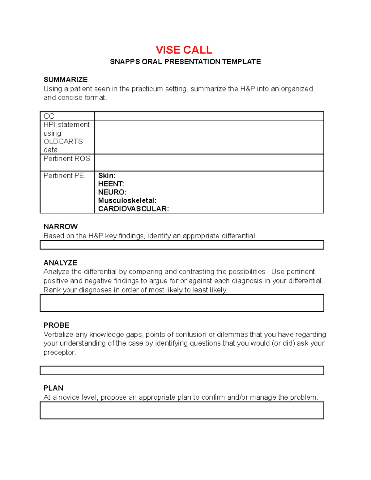 Vise call template - VISE CALL SNAPPS ORAL PRESENTATION TEMPLATE ...