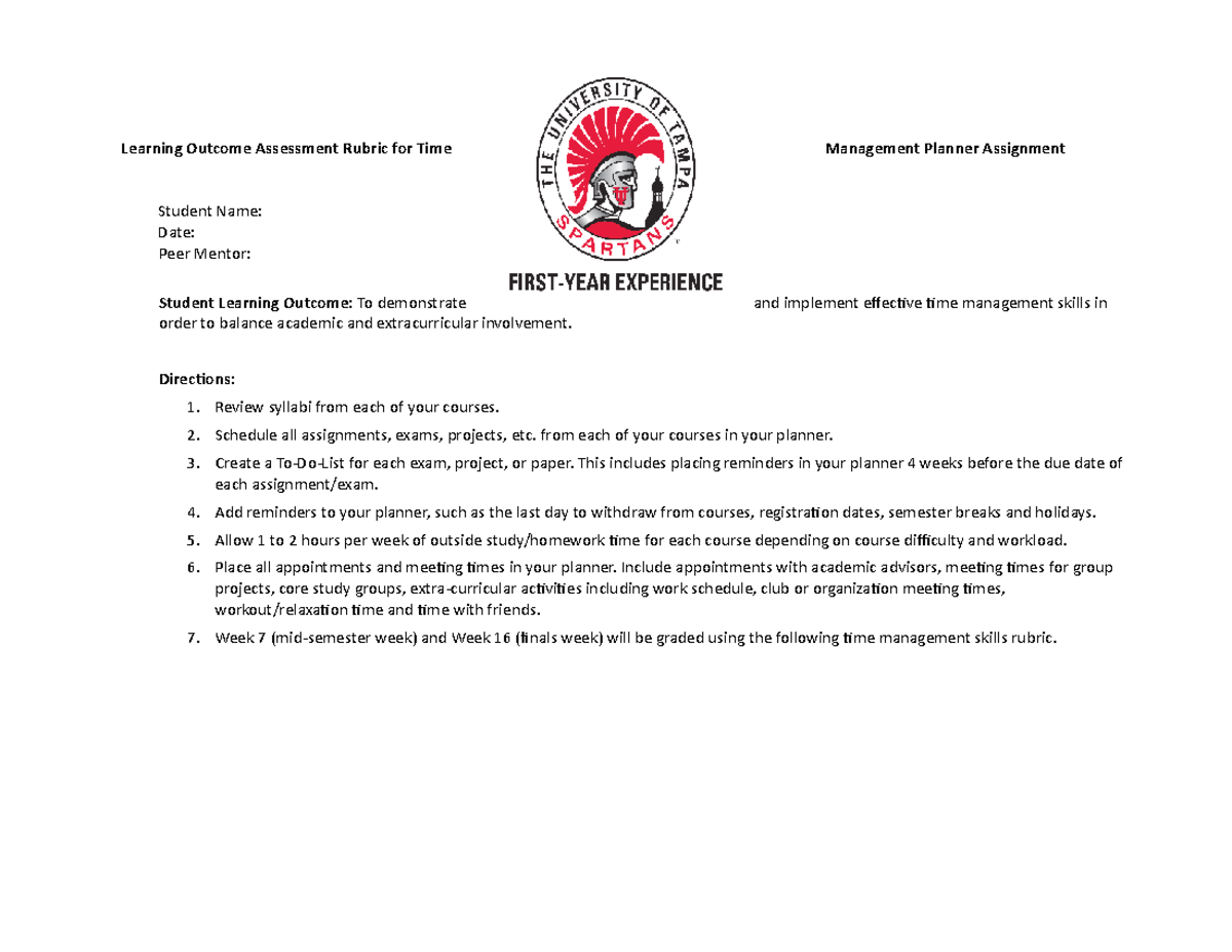 Planner Assignment BAC 101 - Learning Outcome Assessment Rubric for ...