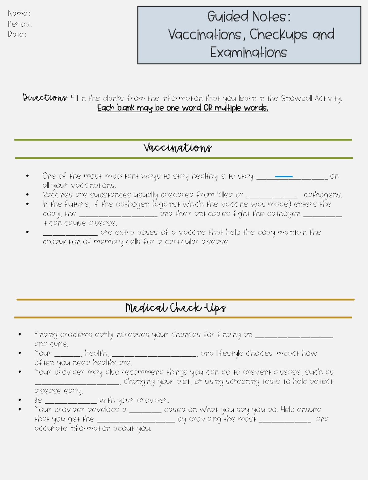 dental assignment - Guided Notes: Vaccinations, Checkups and ...