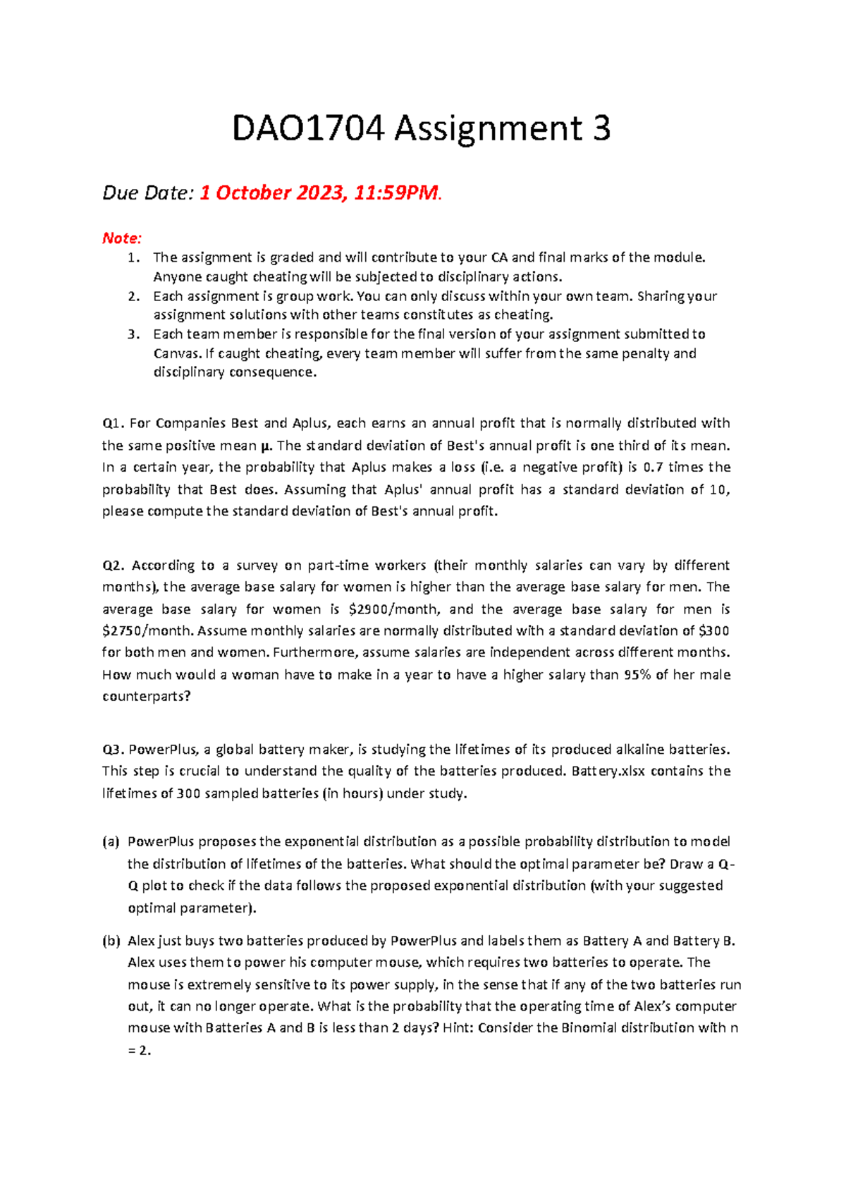 DAO1704 Assignment 3 - Note: The assignment is graded and will contribute to your CA and final ...