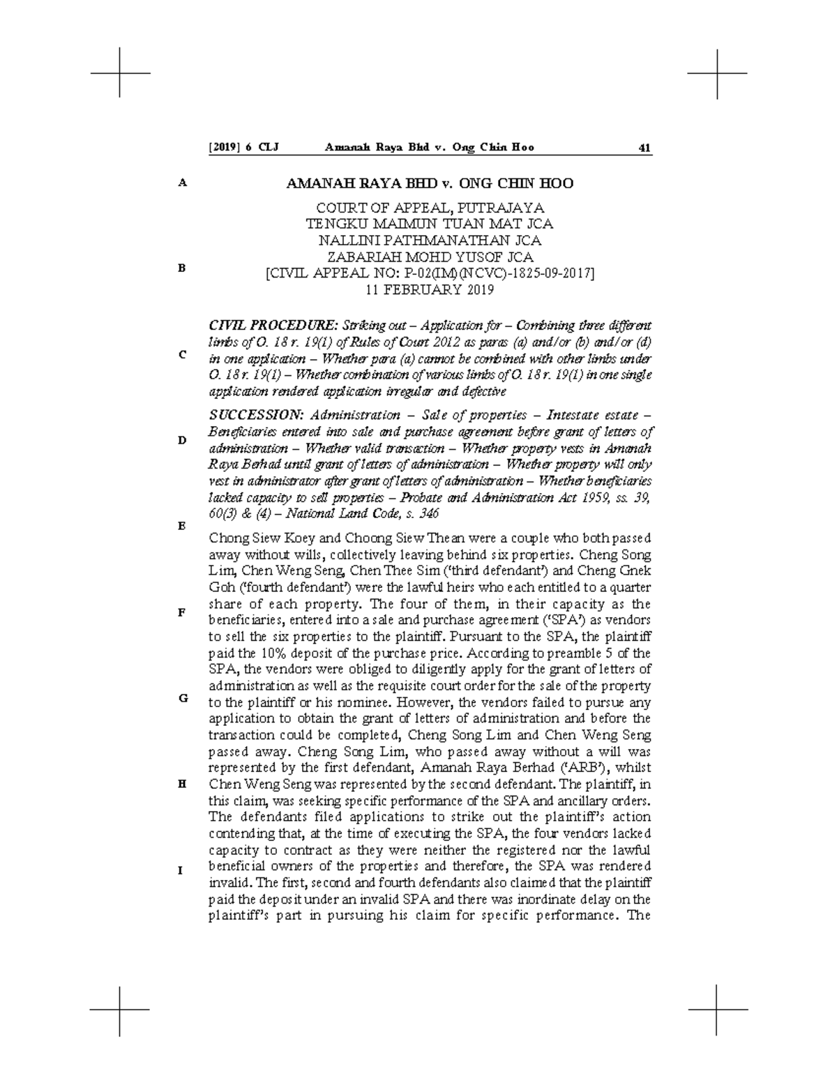 Amanah raya Bhd v Ong Chin Hoo - [2019] 6 CLJ 41 A B C D E F G H I ...