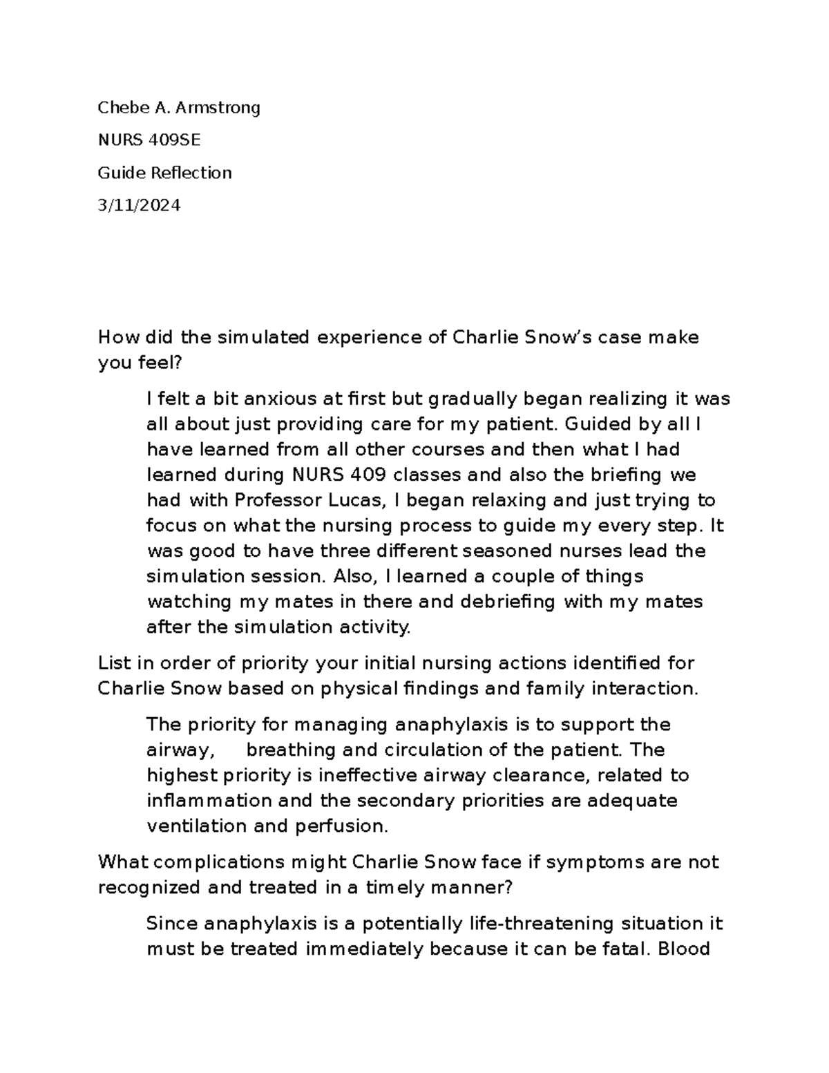 Charlie Snow - Post Vsim - Chebe A. Armstrong NURS 409SE Guide ...