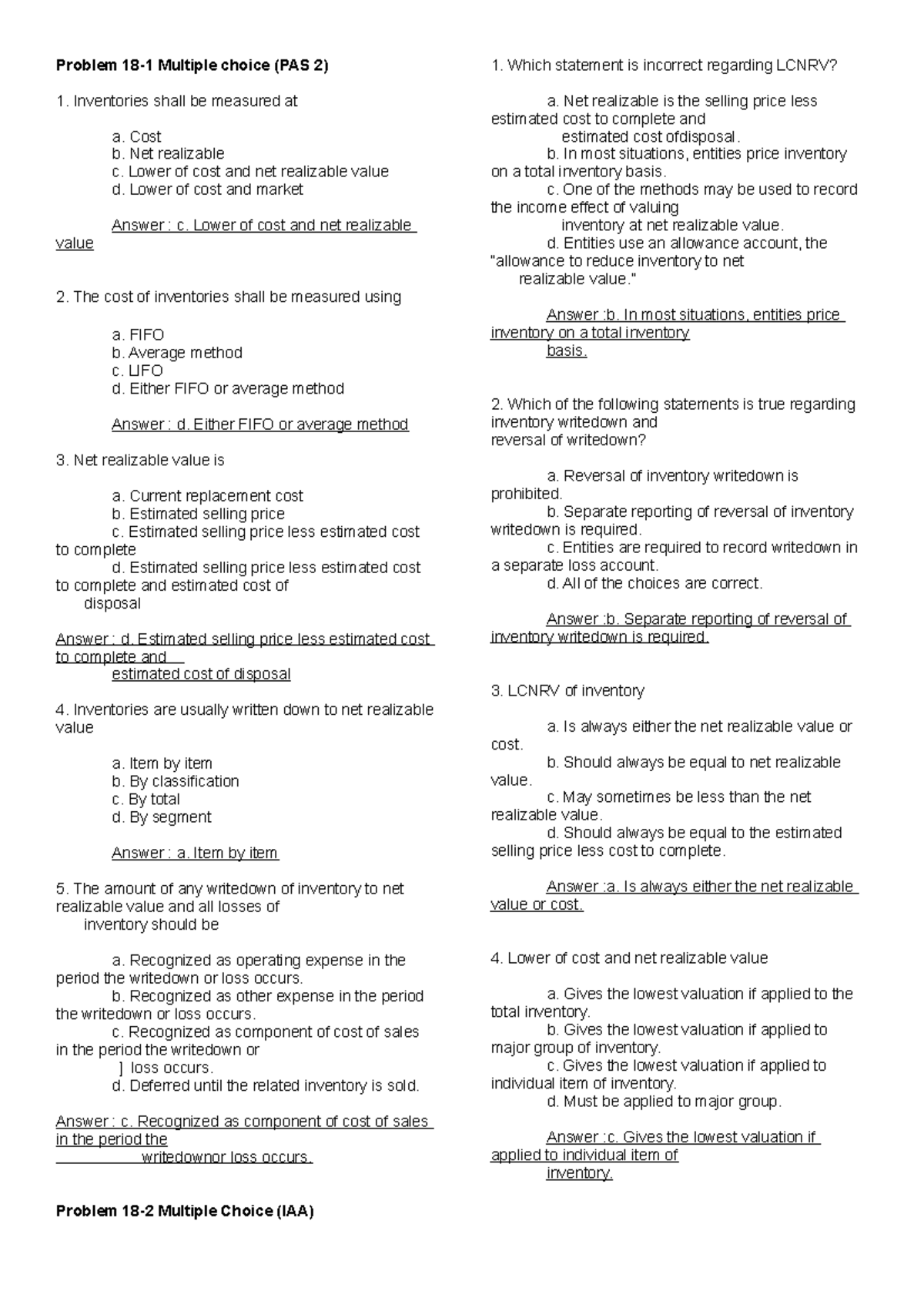 Inventories - PAS2 - Problem 18-1 Multiple choice (PAS 2) 1. Which ...
