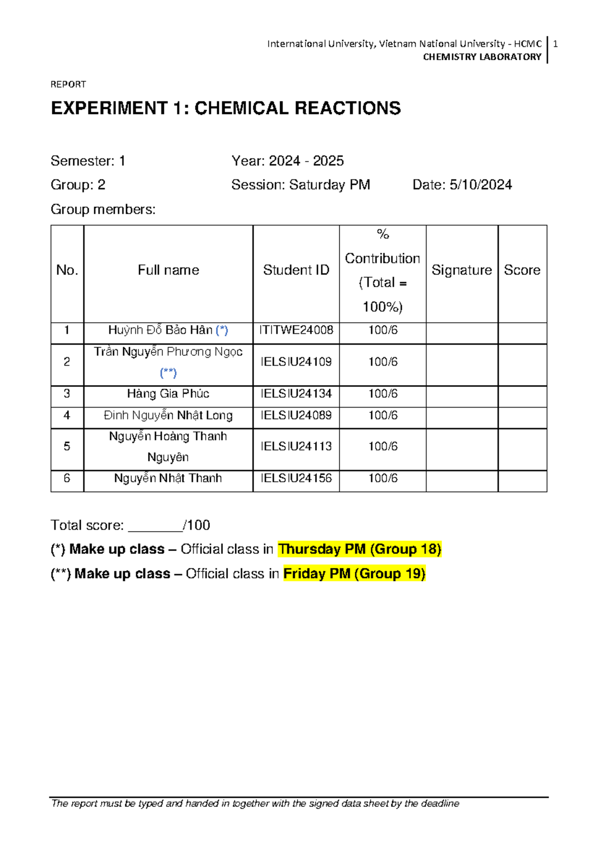 Final - Chem lab report for experiment 1 - 2024 - CHEMISTRY LABORATORY ...