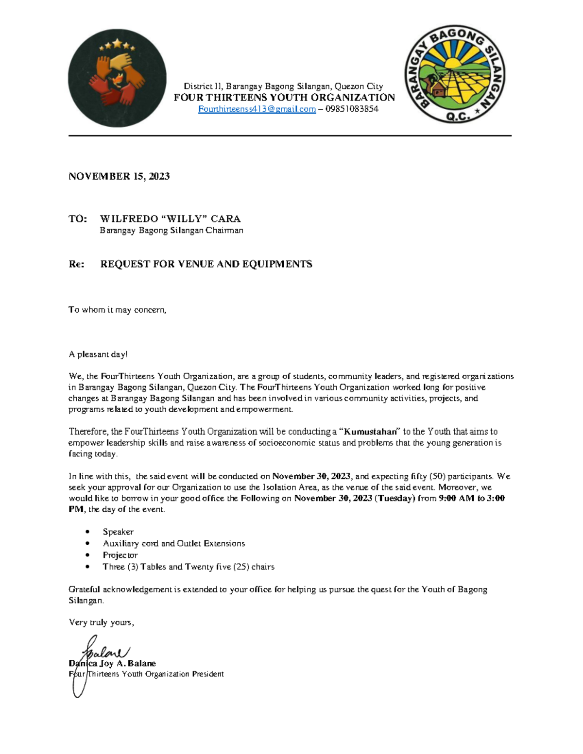Venue and Equipment request letter - District II, Barangay Bagong ...