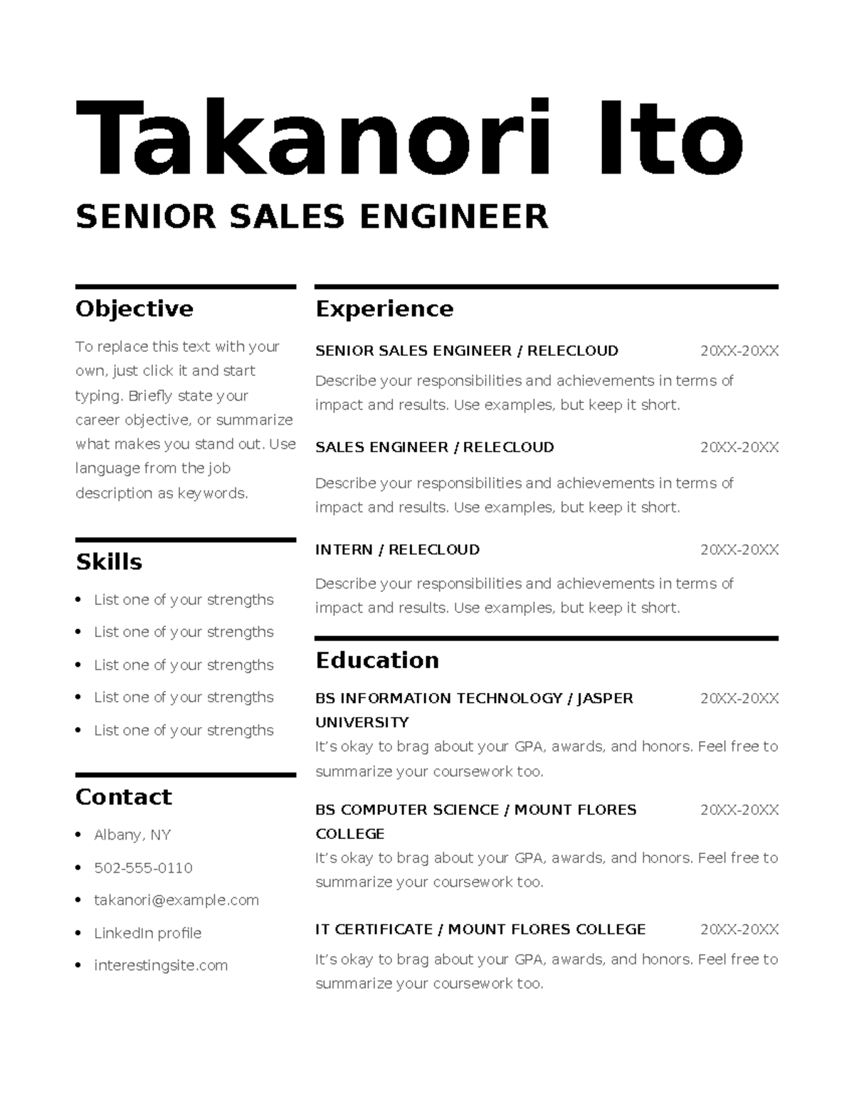 Modern bold sales resume - Takanori Ito SENIOR SALES ENGINEER Objective ...