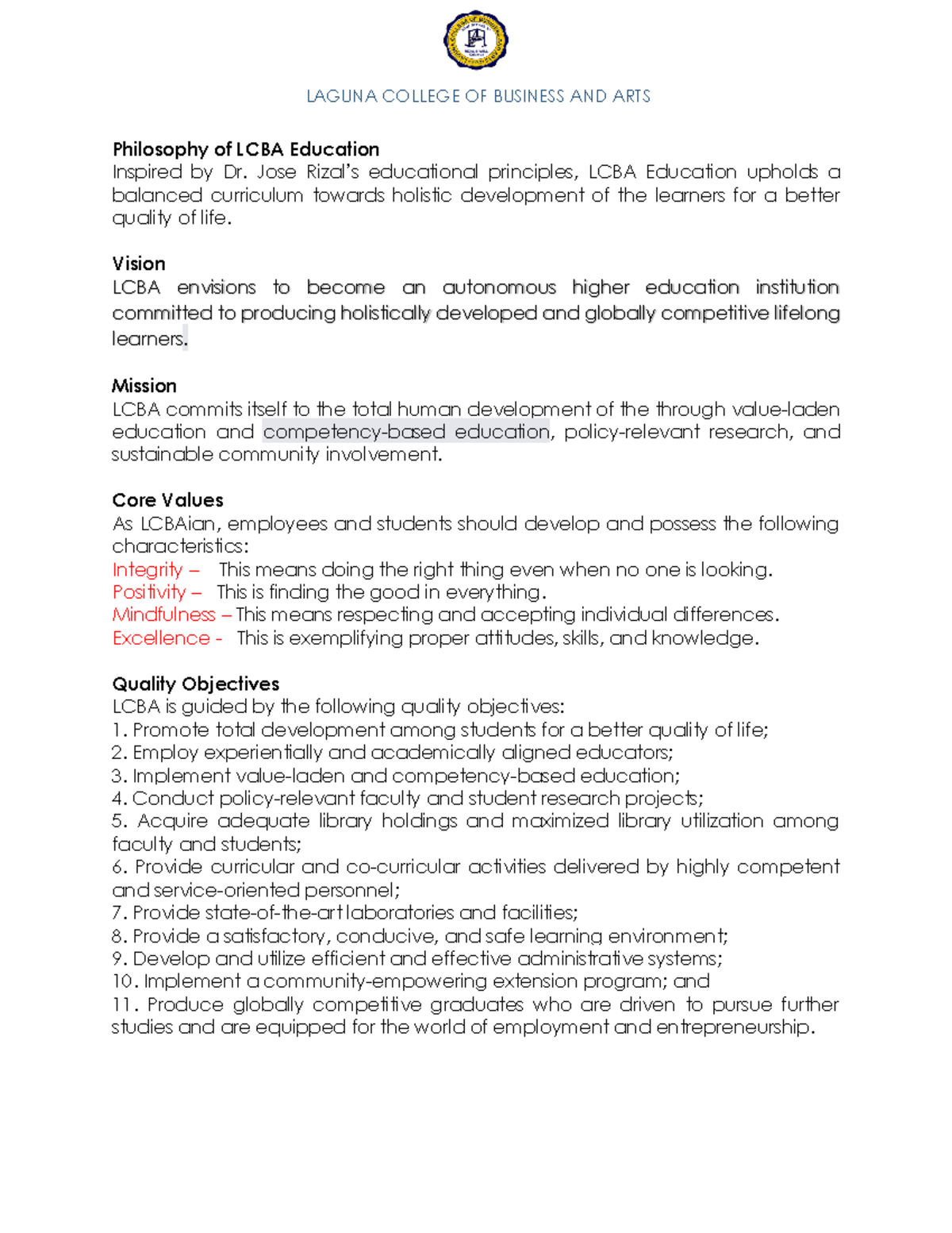 LCBA-PVMO - pvmo - LAGUNA COLLEGE OF BUSINESS AND ARTS Philosophy of ...