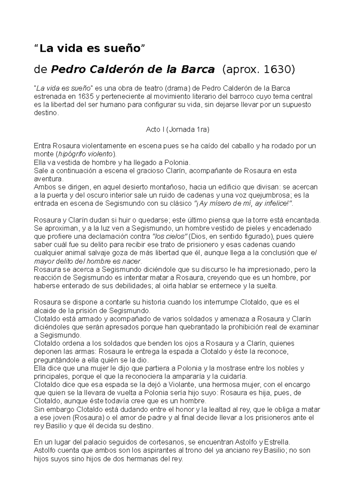 La vida es sueño - Riassunto La vida es sueno - “La vida es sueño” de ...