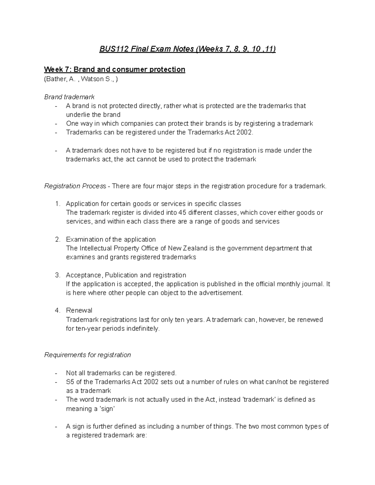 BUS112 - Final Exam Notes - BUS112 Final Exam Notes (Weeks 7, 8, 9, 10 ...