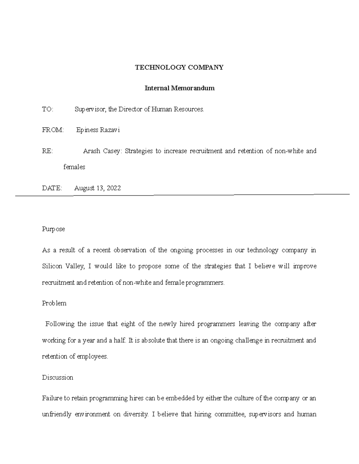 Memo HR - memo - TECHNOLOGY COMPANY Internal Memorandum TO: Supervisor ...