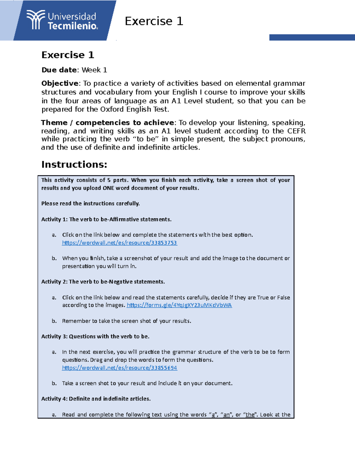 Exercise 1 - admin - Exercise 1 Due date: Week 1 Objective: To practice a variety of activities ...