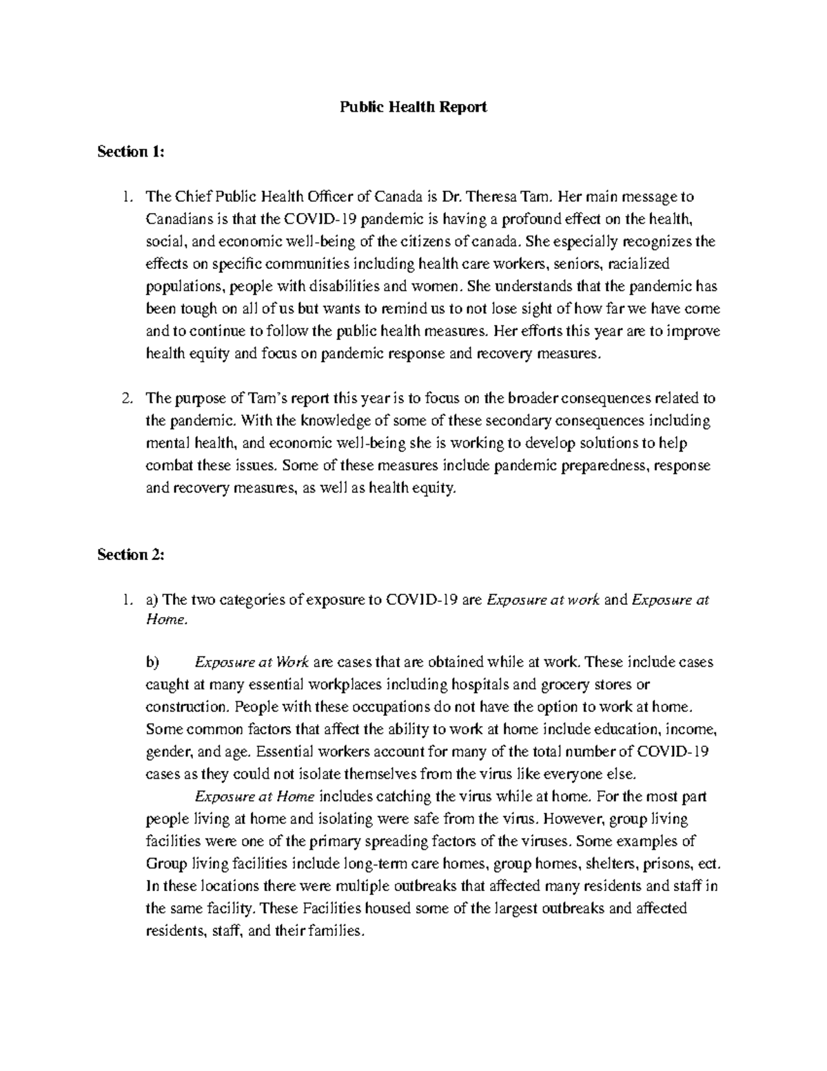 Public Health Report Assignment - Public Health Report Section 1: The ...