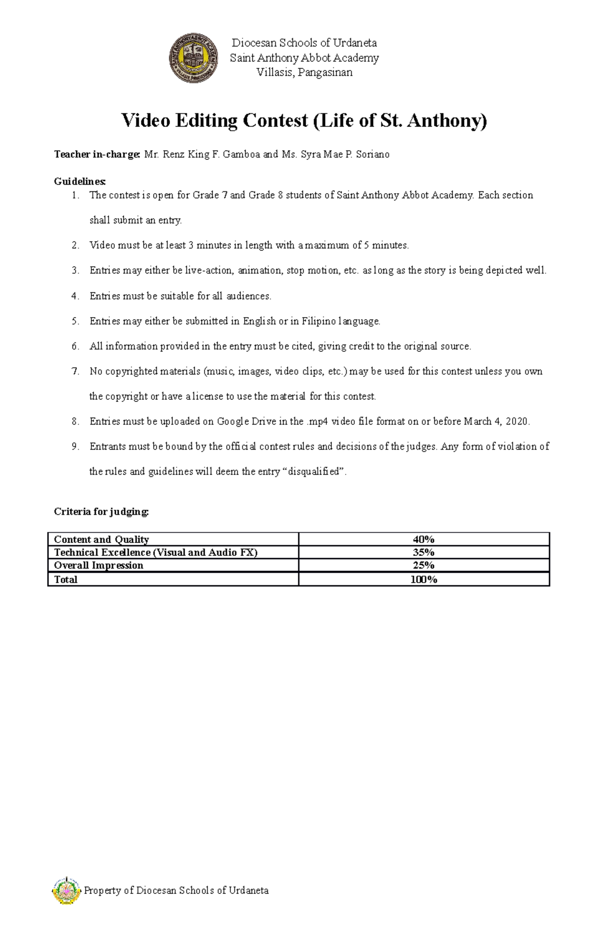 Video Editing Contest Guidelines agsdgdh - Diocesan Schools of Urdaneta ...