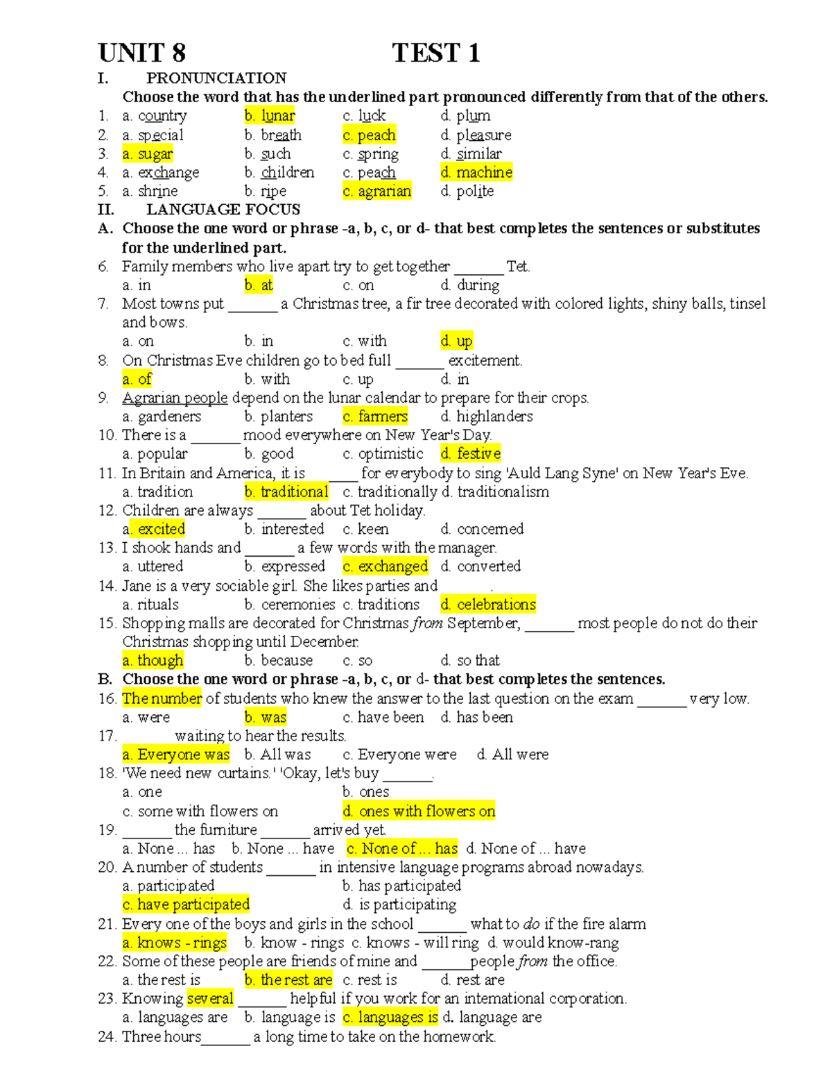 Exercises (TN) ON UNIT 8- Grade 11 - UNIT 8 TEST 1 I. PRONUNCIATION ...