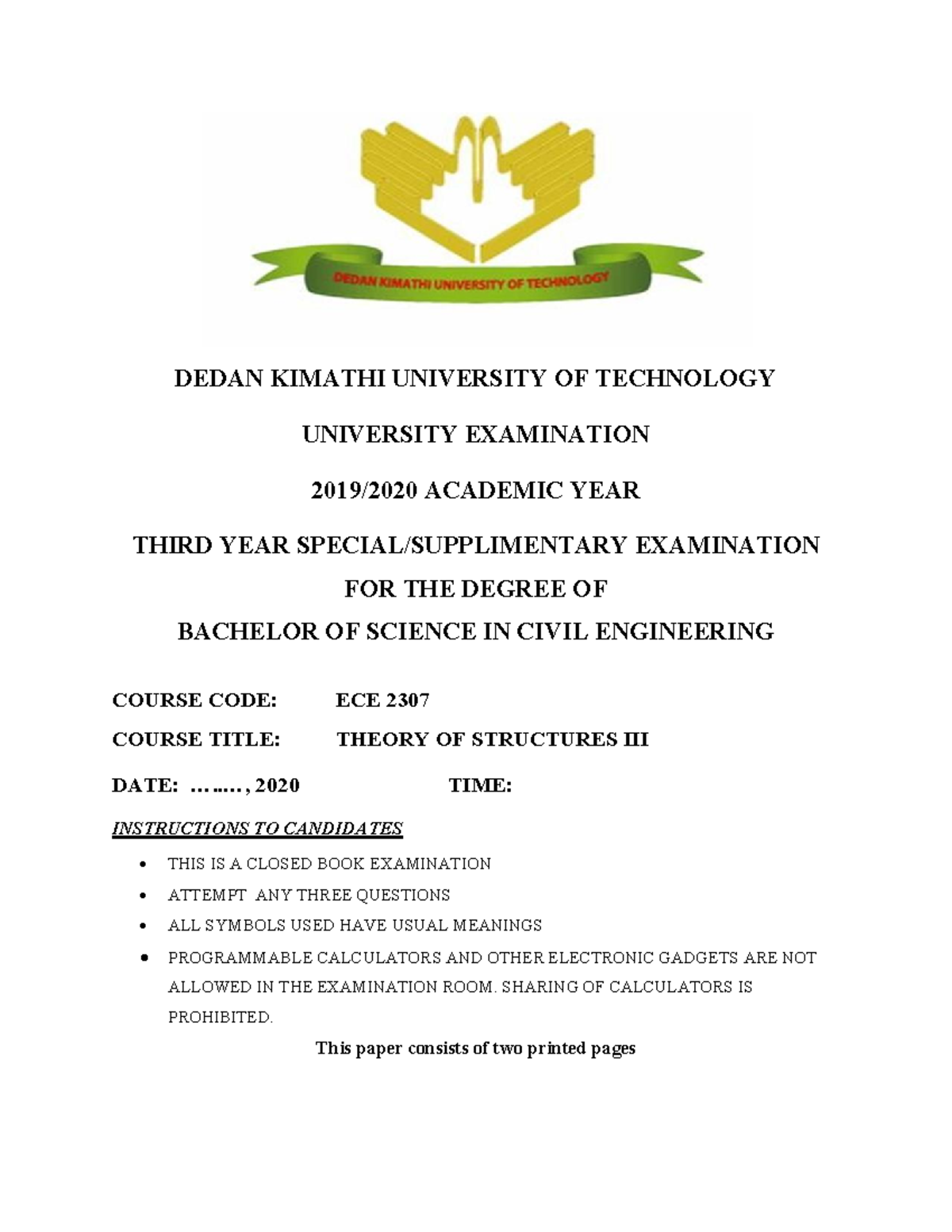 TOS3PP1 - theory of structures2 sample paper - DEDAN KIMATHI UNIVERSITY OF TECHNOLOGY UNIVERSITY ...