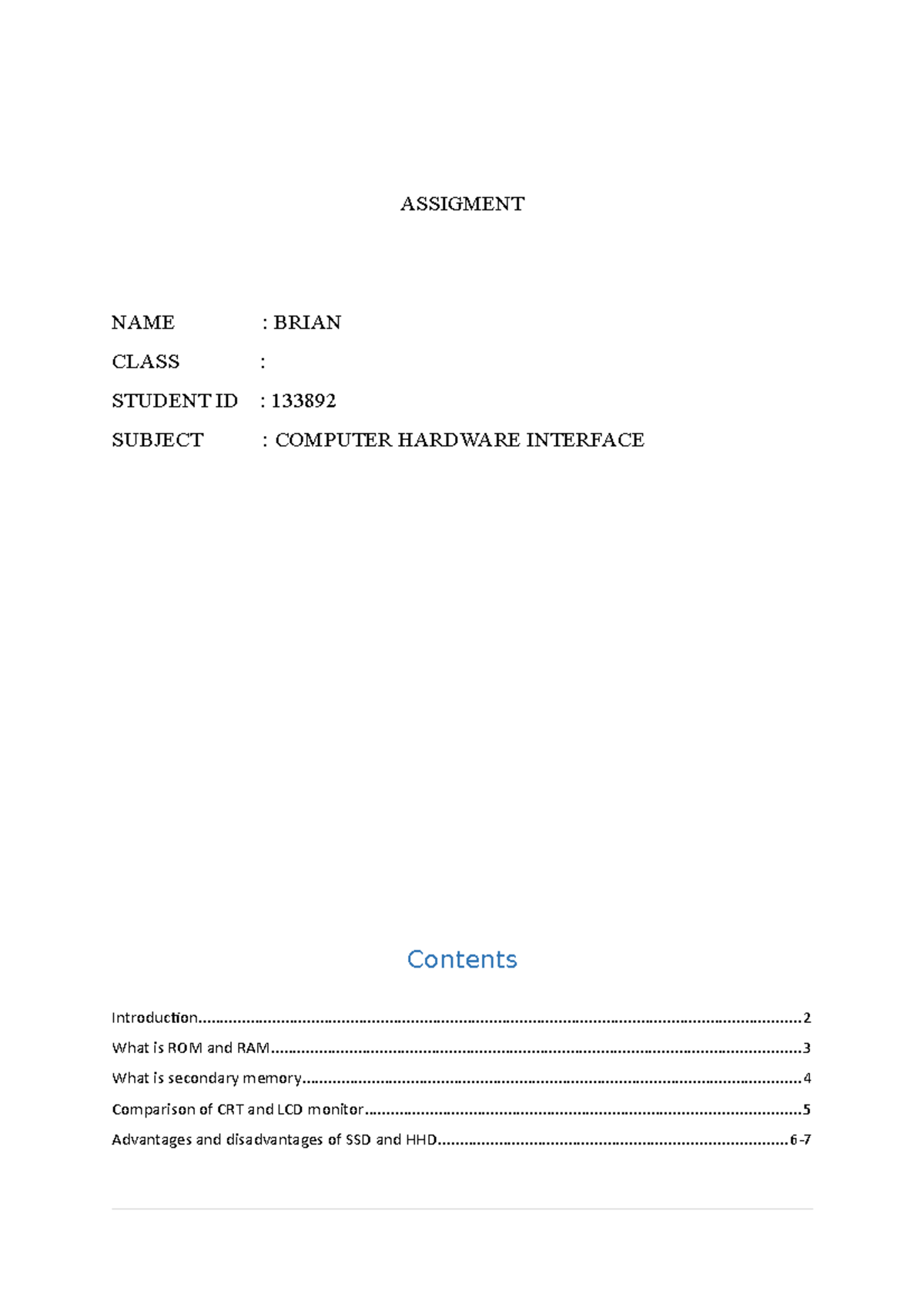 computer programming - ASSIGMENT NAME : BRIAN CLASS : STUDENT ID ...