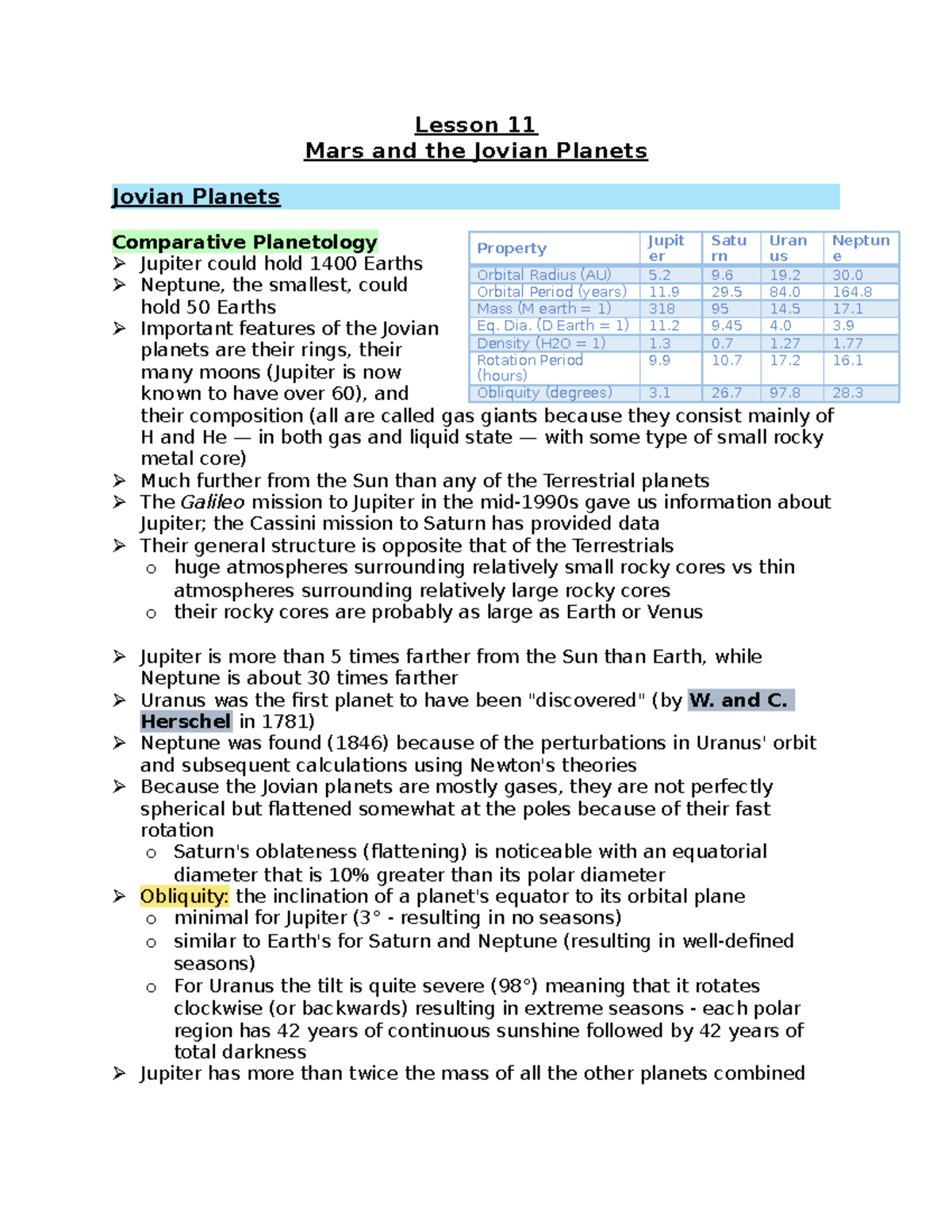 Lesson 11 - Jovian Planets - Lesson 11 Mars and the Jovian Planets ...