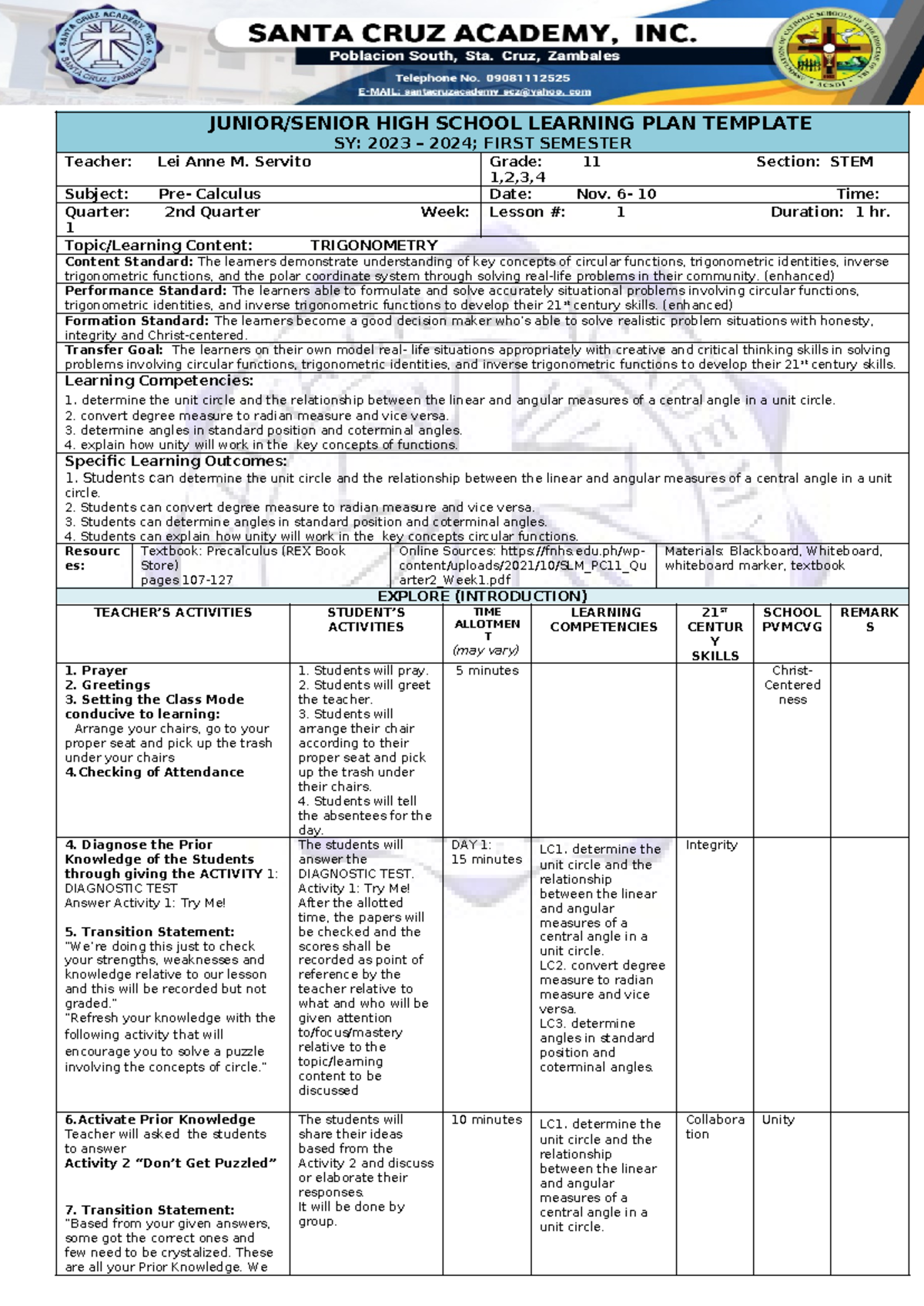 1st week LP Pre- Calculus - JUNIOR/SENIOR HIGH SCHOOL LEARNING PLAN ...
